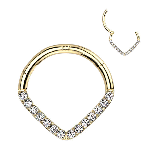 V-Shaped CZ Yellow 14k Gold Hinged Segment Ring | Tulsa Body Jewelry
